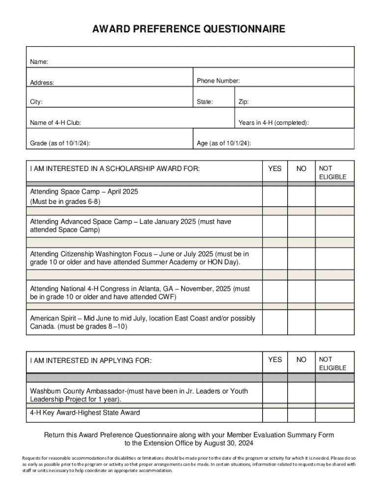 Fillable Online Award Preference Questionnaire Fax Email Print - pdfFiller