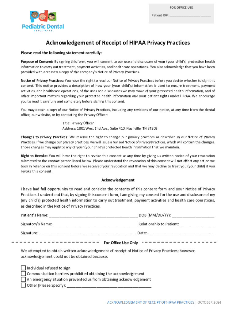 Fillable Online Acknowledgement of Receipt of Hipaa Practices Fax Email ...