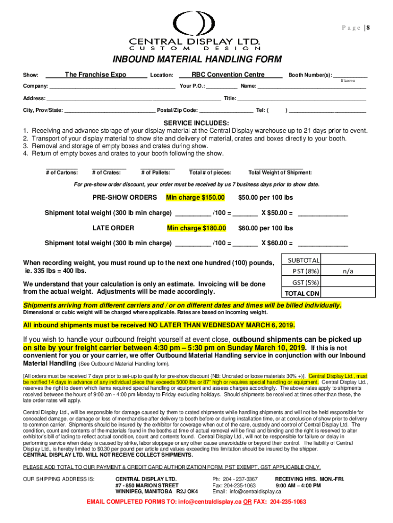 Fillable Online Inbound Material Handling for the Franchise Expo Fax ...