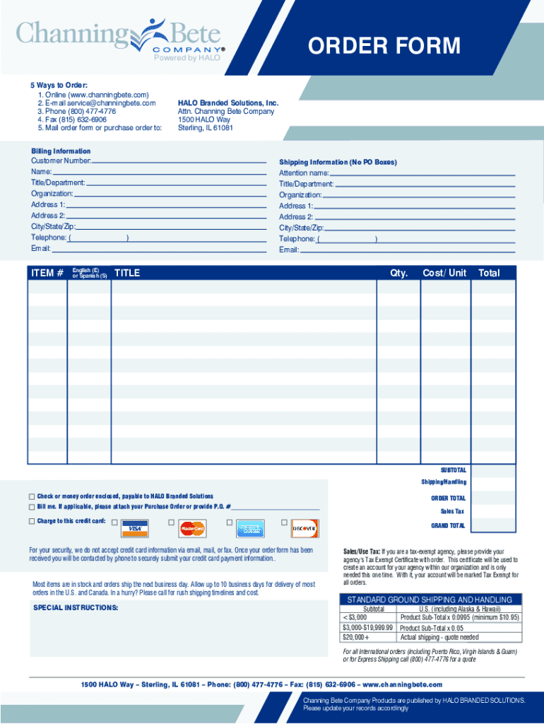 Fillable Online Halo Branded Solutions Order Form Fax Email Print ...