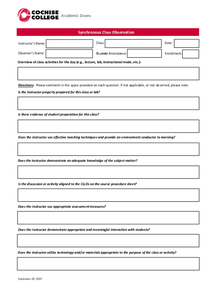 Fillable Online Academic Deans - Synchronous Class Observation Fax ...