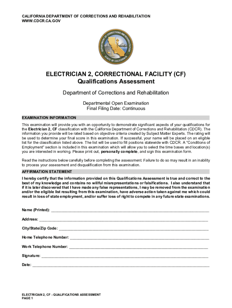 Fillable Online Electrician 2, Cf Qualifications Assessment Fax Email ...