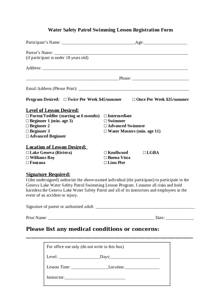 Water Safety Patrol Swimming Lesson Registration Doc Template | pdfFiller