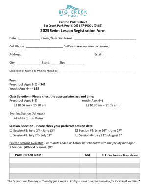 Fillable Online 2025 Swim Lesson Registration Form Fax Email Print ...