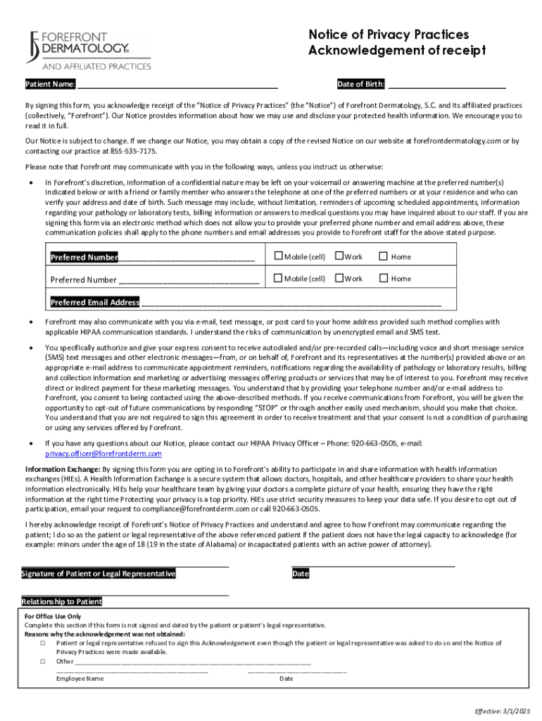 Fillable Online Acknowledgment of Receipt of Notice of Privacy ...