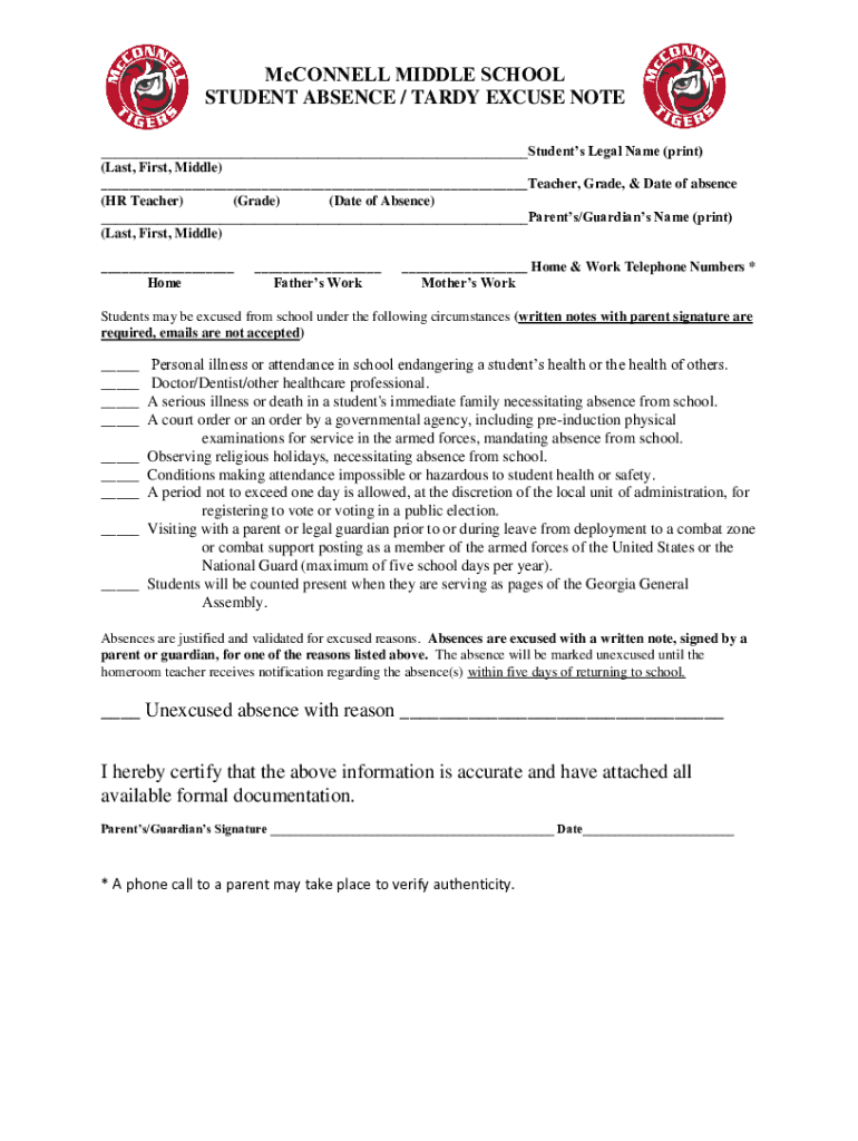Fillable Online Mcconnell Middle School Student Absence / Tardy Excuse ...