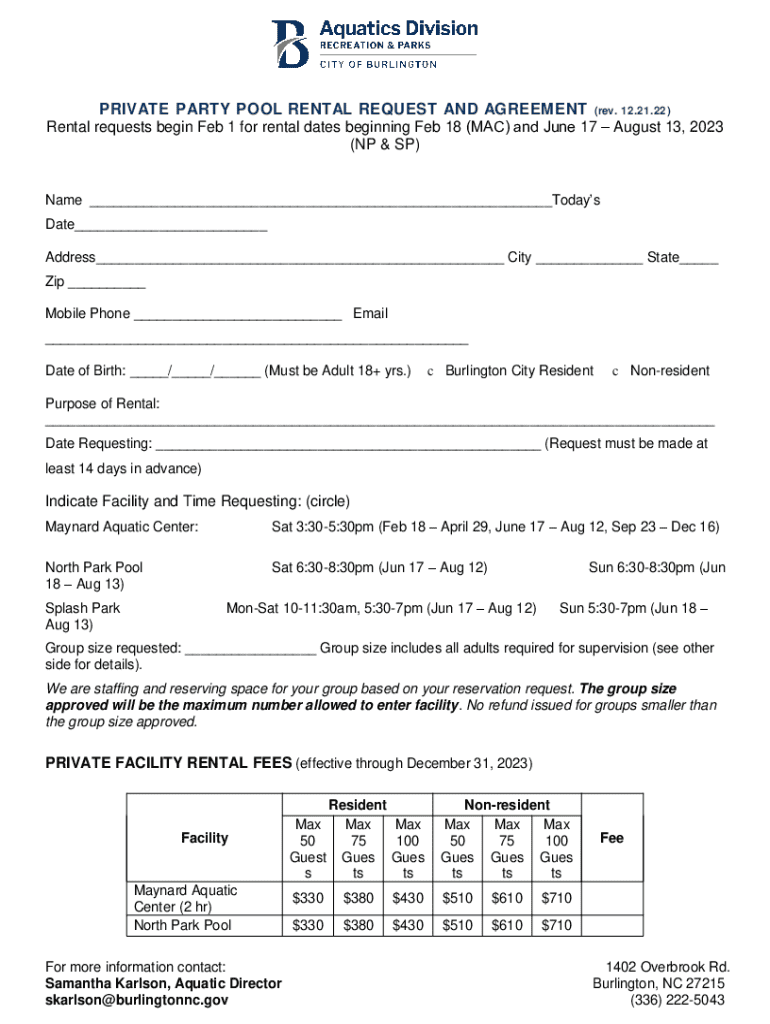 Fillable Online Private Party Pool Rental Request and Agreement Fax ...