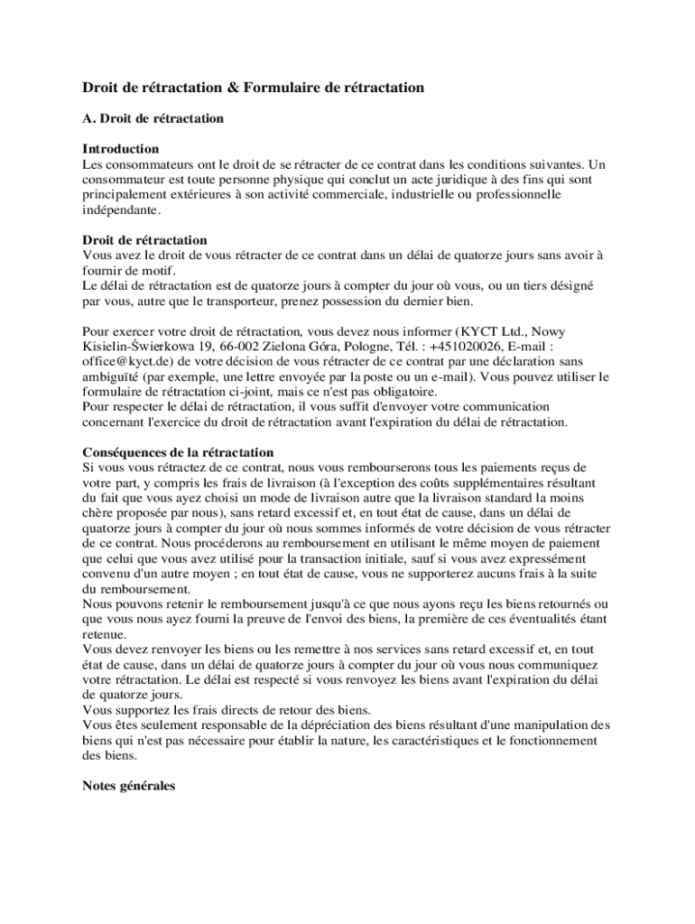 Fillable Online Droit De Rétractation & Formulaire De Rétractation Fax ...