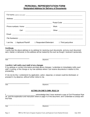 Fillable Online Personal Representation Form for Ns Court Fax Email ...