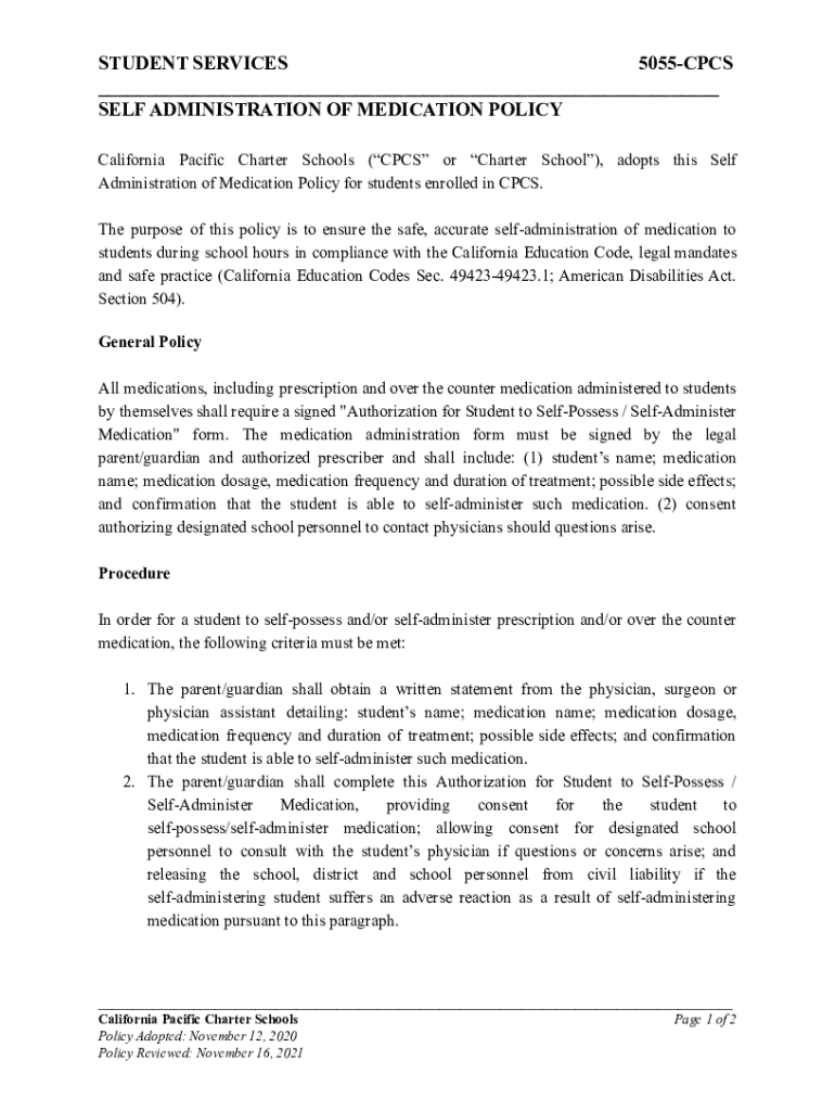Fillable Online Self Administration of Medication Policy Fax Email ...