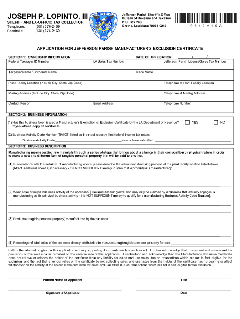 Fillable Online Jefferson Parish Manufacturer’s Exclusion Certificate Application Fax Email ...