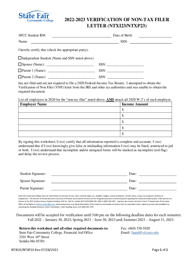 Fillable Online 2022-2023 Verification of Non-tax Filer Letter Fax ...