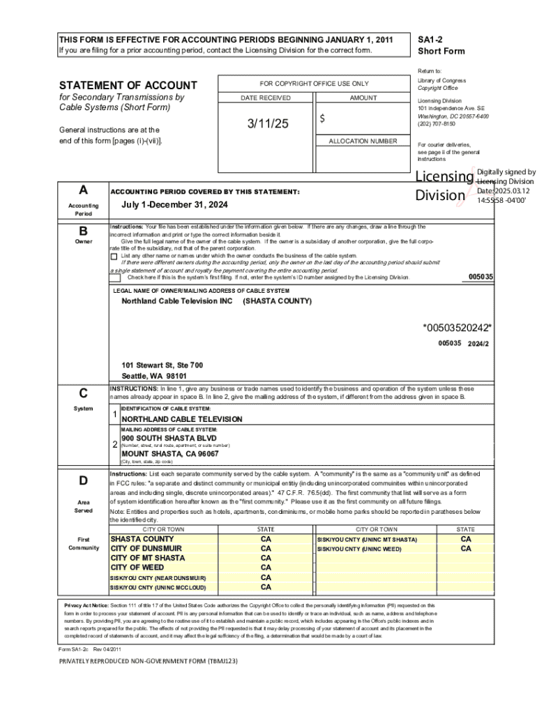 Fillable Online Statement of Account for Secondary Transmissions by ...
