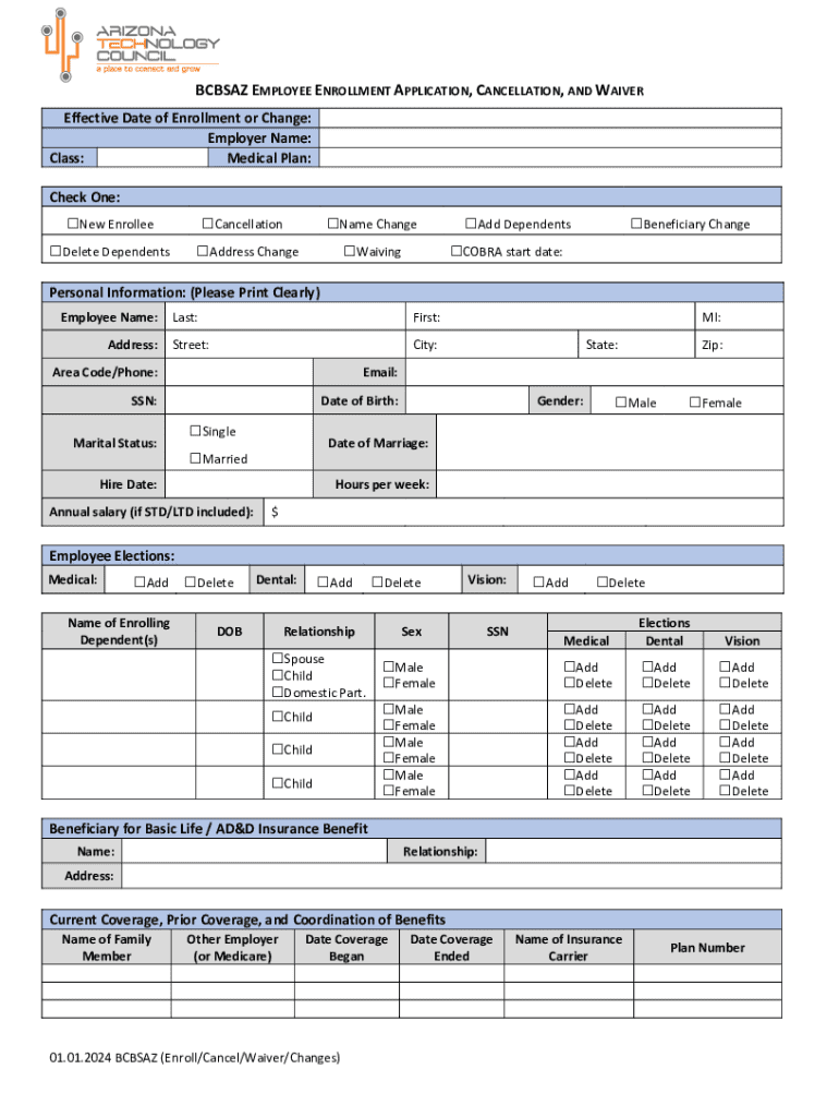 Fillable Online Bcbsaz Employee Enrollment Application, Cancellation ...