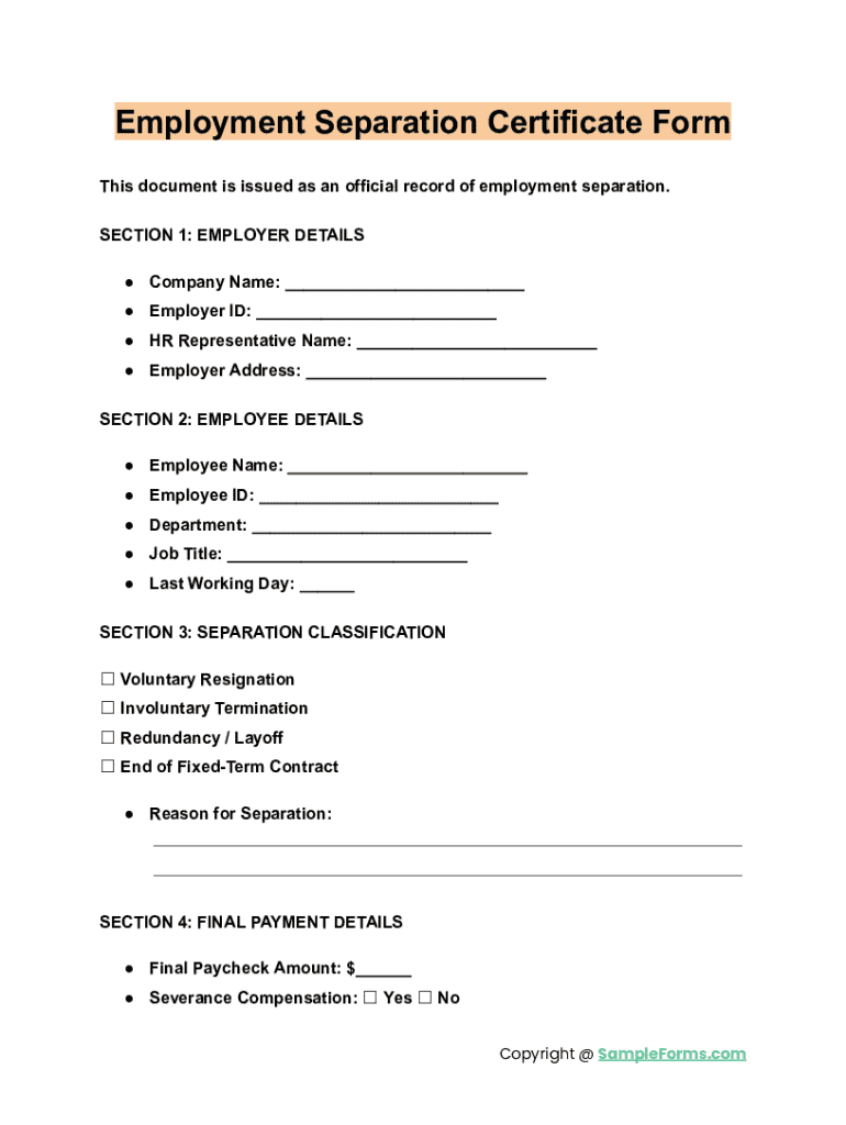 Fillable Online Employment Separation Certificate Fax Email Print - pdfFiller