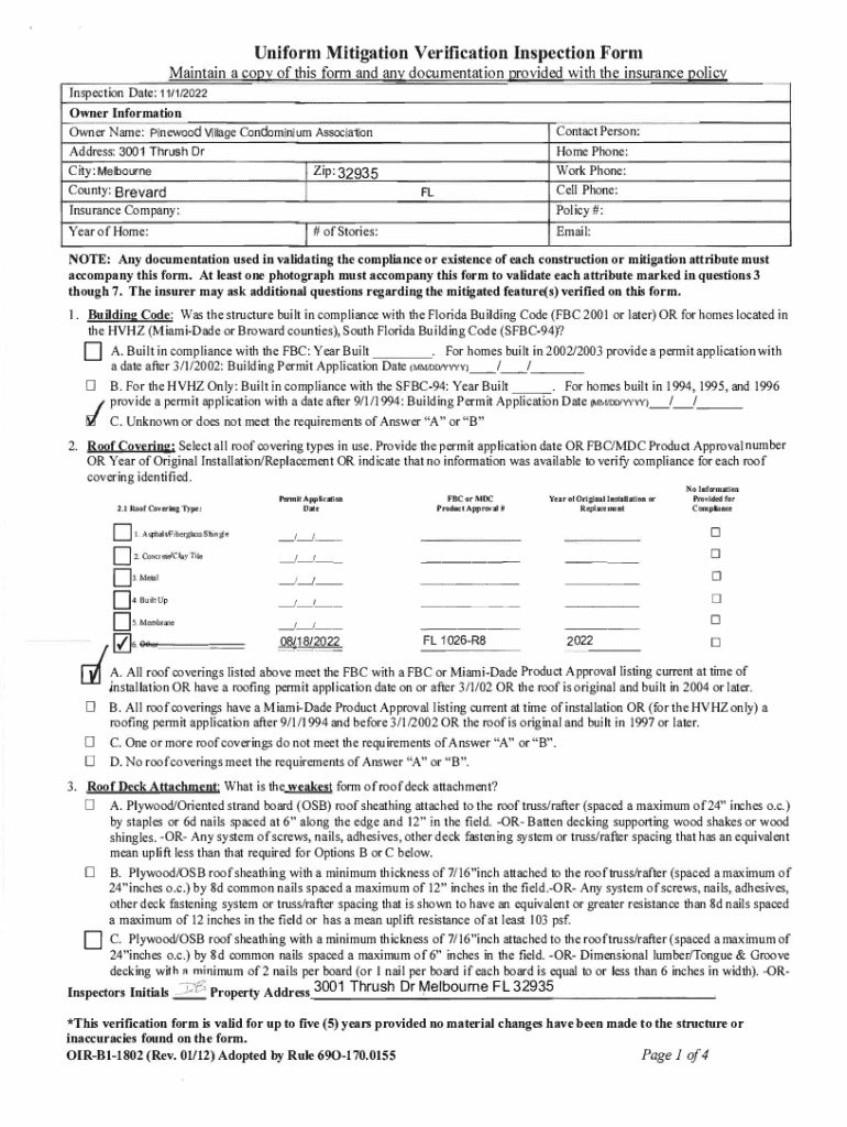 Fillable Online Uniform Mitigation Verification Inspection Form Fax ...
