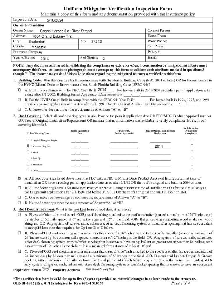 Fillable Online Uniform Mitigation Verification Inspection Form Fax ...