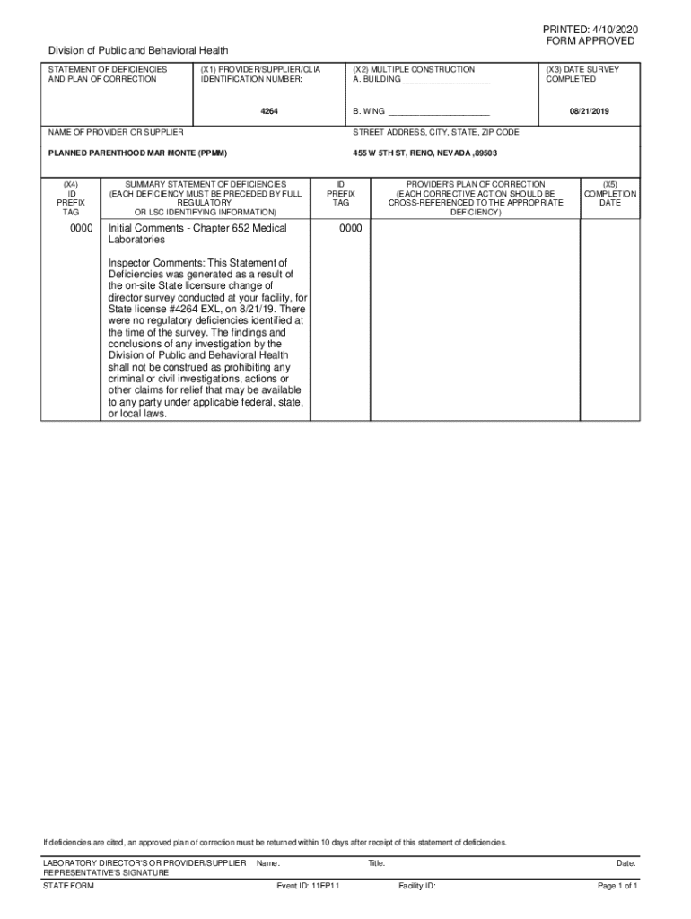 Fillable Online Statement of Deficiencies and Plan of Correction Fax ...