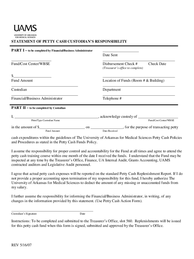 Fillable Online Statement of Petty Cash Custodian’s Responsibility Fax ...