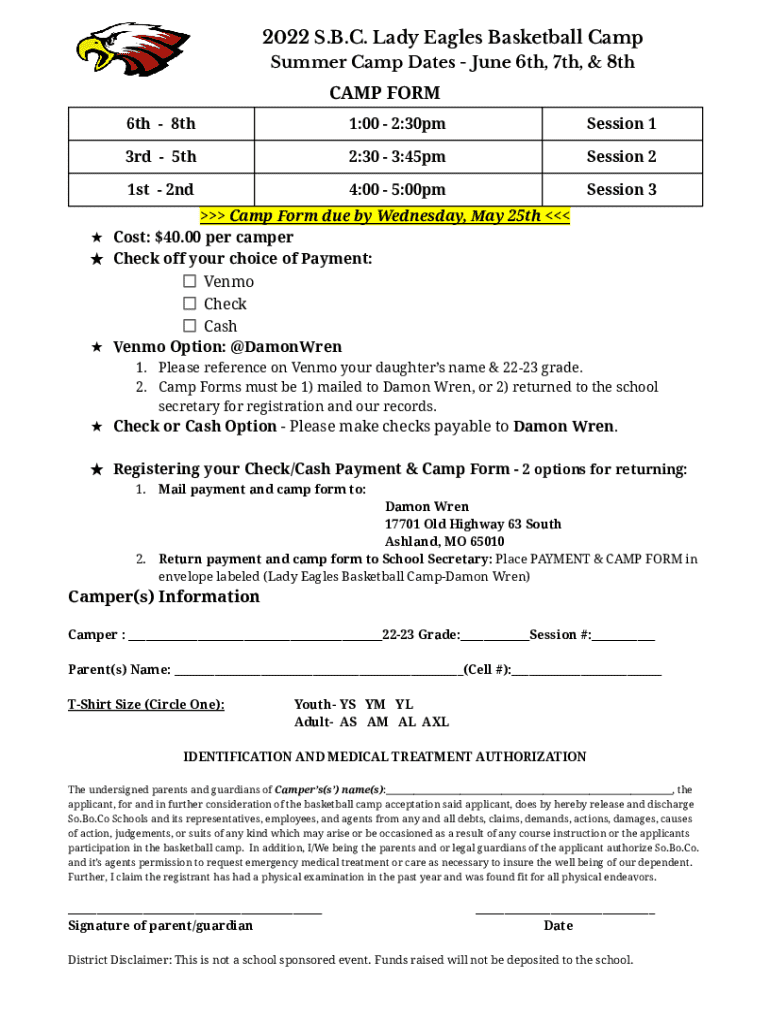 Fillable Online 2022 S.b.c. Lady Eagles Basketball Camp Fax Email Print - pdfFiller