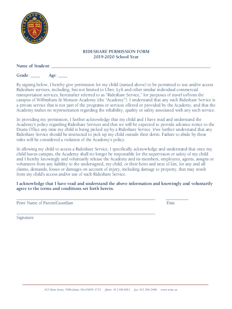 Fillable Online Rideshare Permission Form 2019-2020 School Year Fax ...