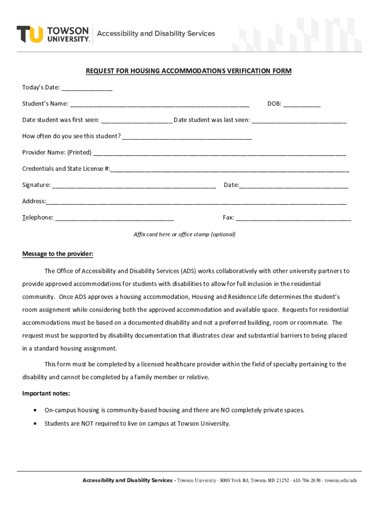 Fillable Online Request for Housing Accommodations Verification Fax Email Print - pdfFiller
