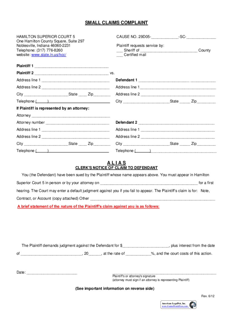 Fillable Online Small Claims Complaint - Hamilton Superior Court 5 Fax ...