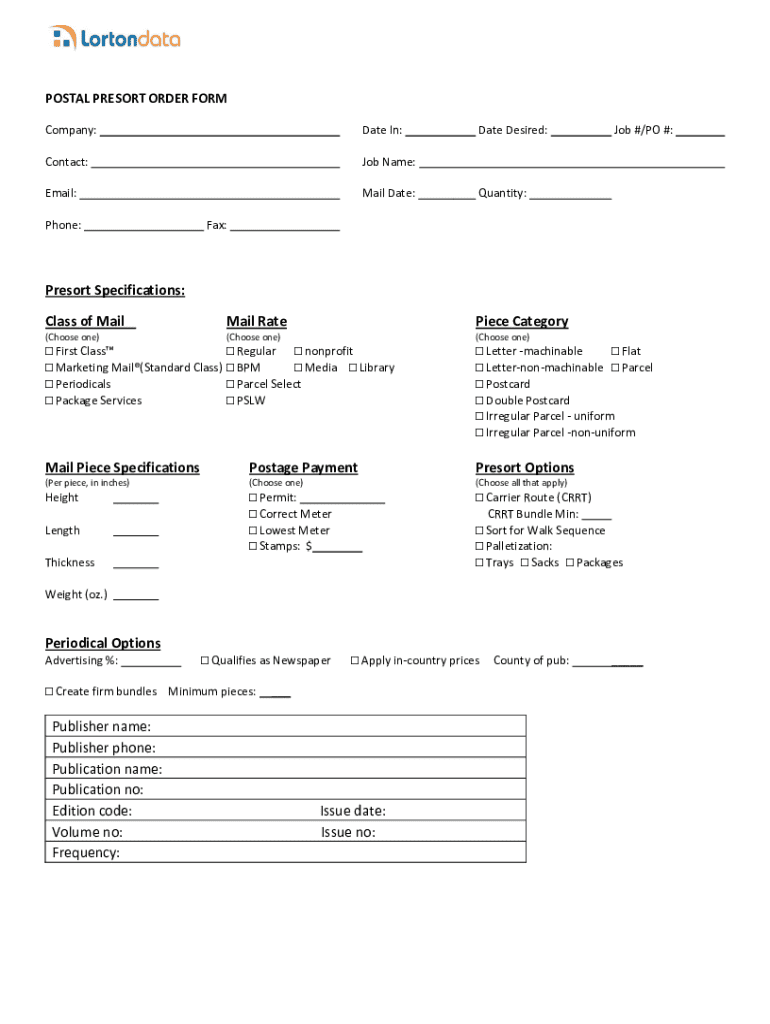 Fillable Online Postal Presort Order Form Fax Email Print - pdfFiller
