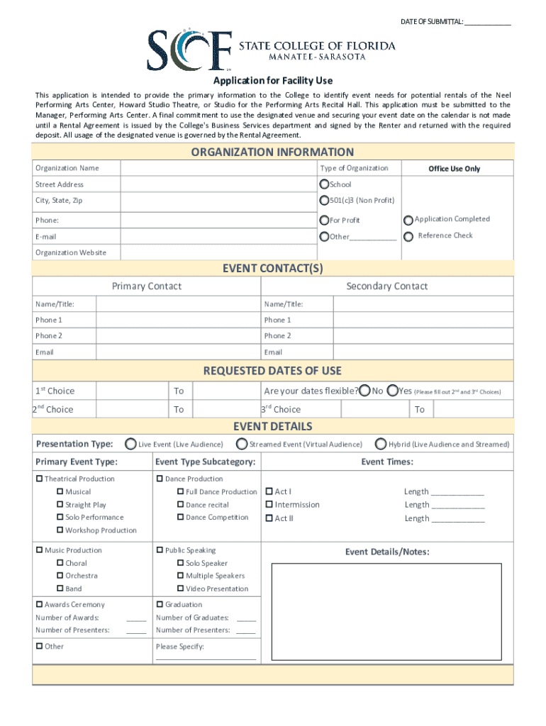 Fillable Online Application for Facility Use at Neel Performing Arts ...