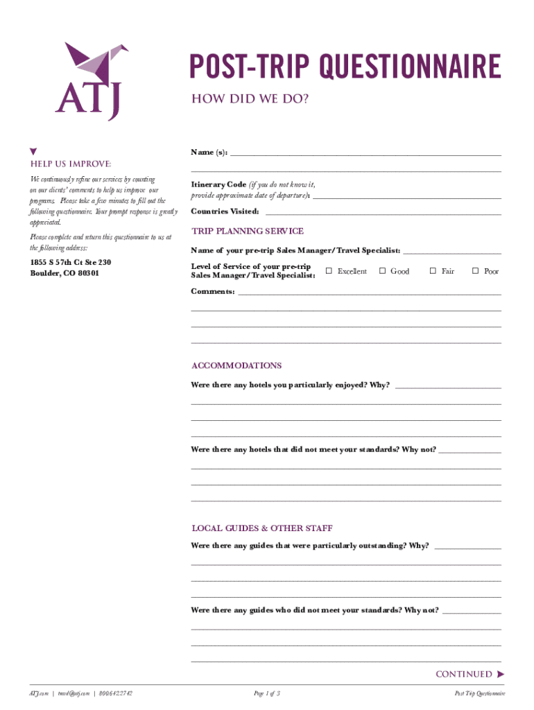 Fillable Online Post-trip Questionnaire Fax Email Print - pdfFiller