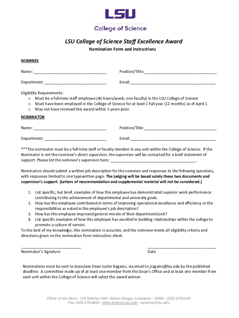 Fillable Online Lsu College of Science Staff Excellence Award ...