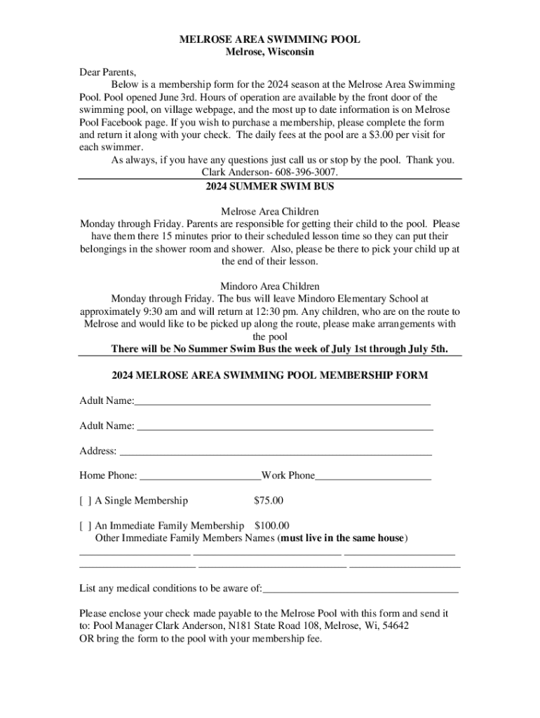 Fillable Online Melrose Area Swimming Pool Membership for 2024 Fax ...