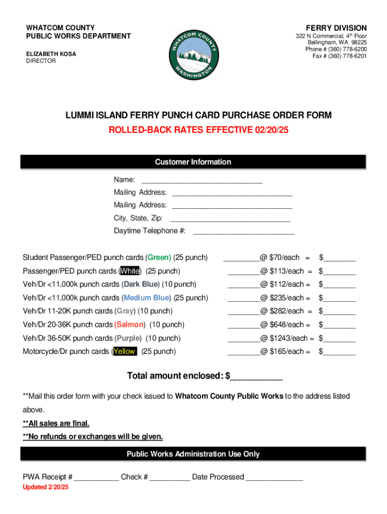 Fillable Online Lummi Island Ferry Punch Card Purchase Order Fax Email ...