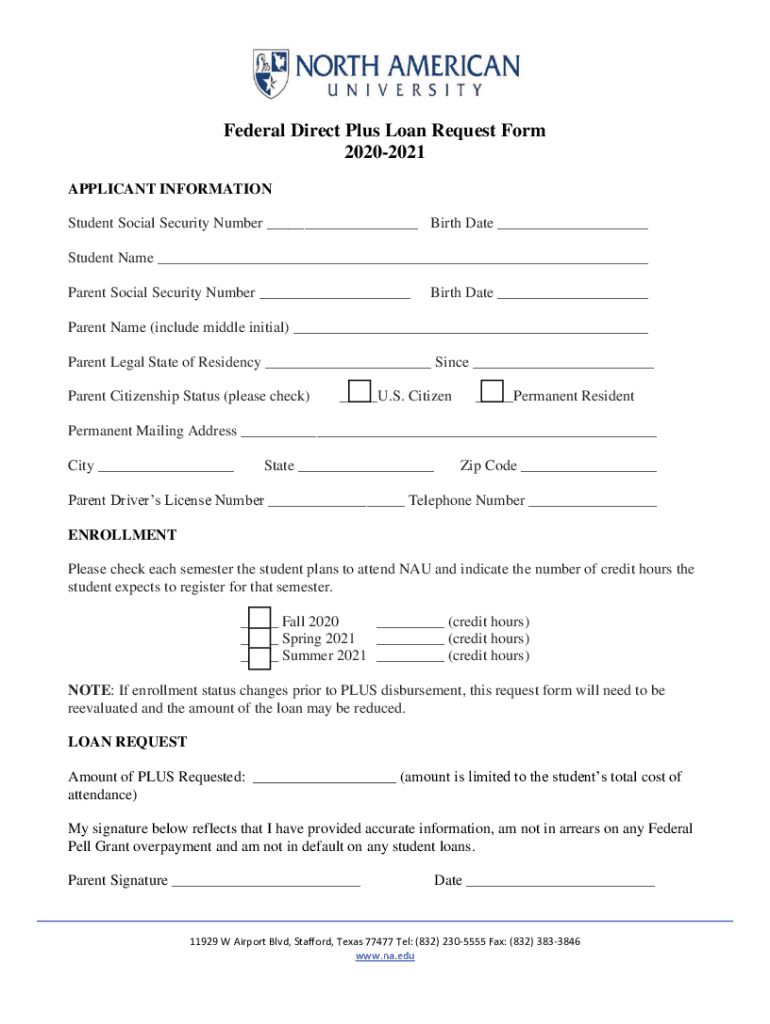 Fillable Online Federal Direct Plus Loan Request Form 2020-2021 Fax Email Print - pdfFiller