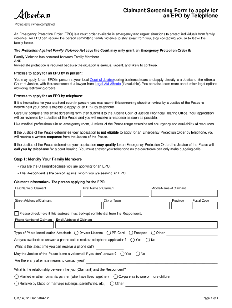 Fillable Online Claimant Screening Form to Apply for an Epo by ...