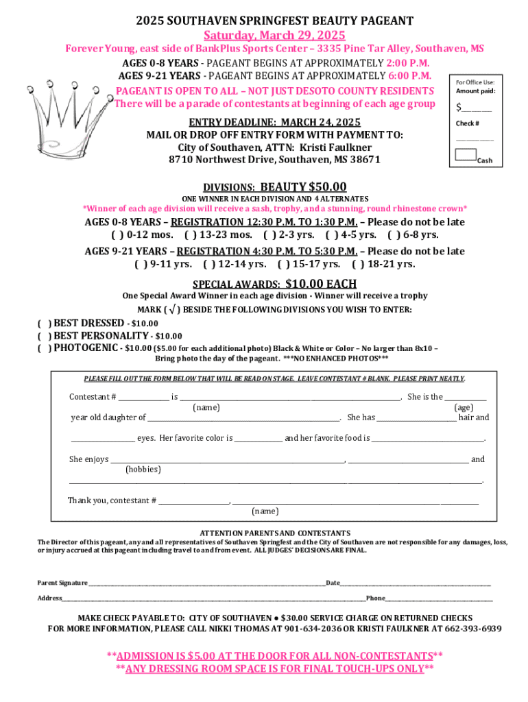 Fillable Online 2025 Southaven Springfest Beauty Pageant Fax Email ...