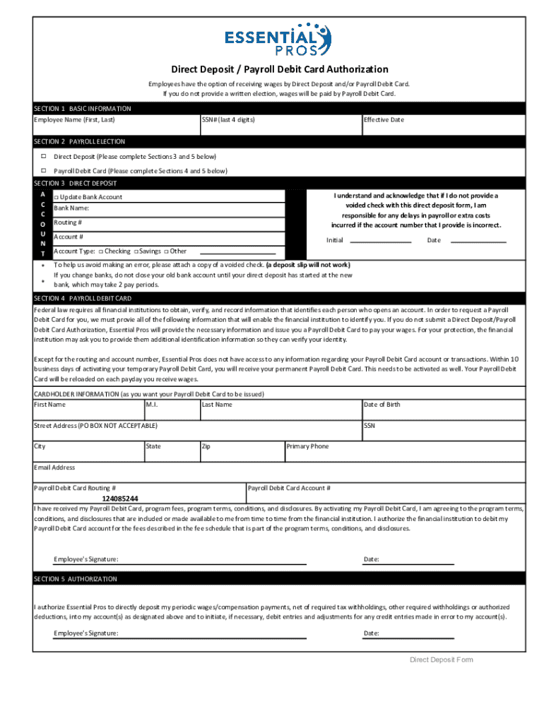 Fillable Online Direct Deposit and Payroll Debit Card Authorization Form Fax Email Print - pdfFiller
