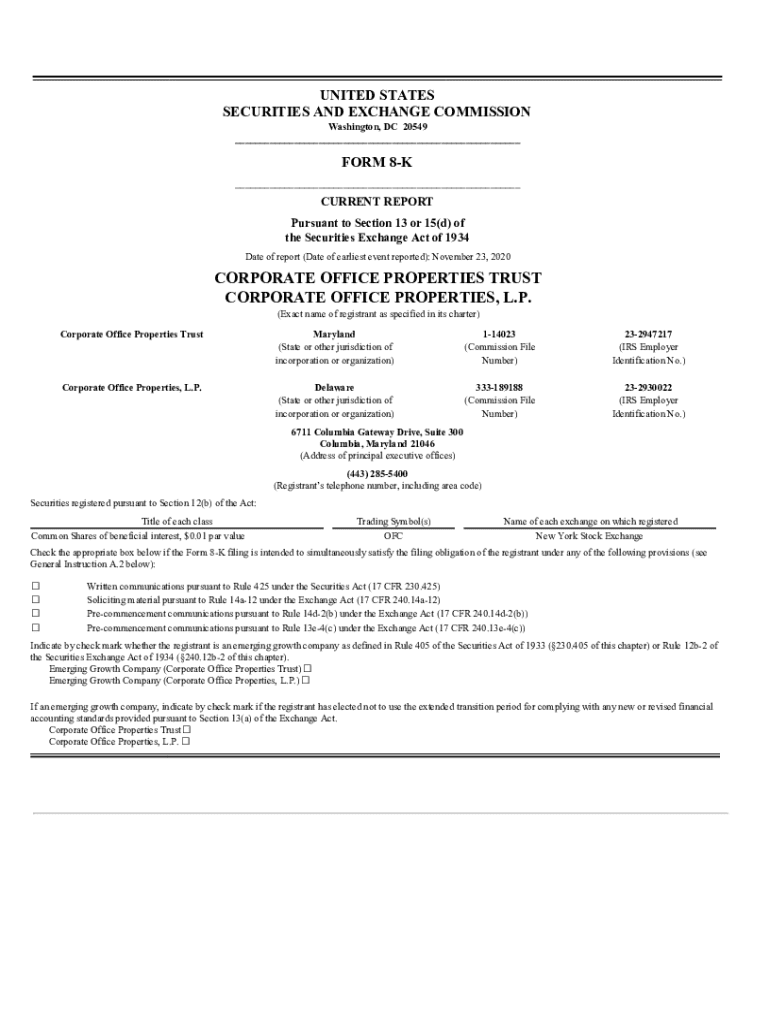 Fillable Online Current Report of Corporate Office Properties Trust Fax Email Print - pdfFiller