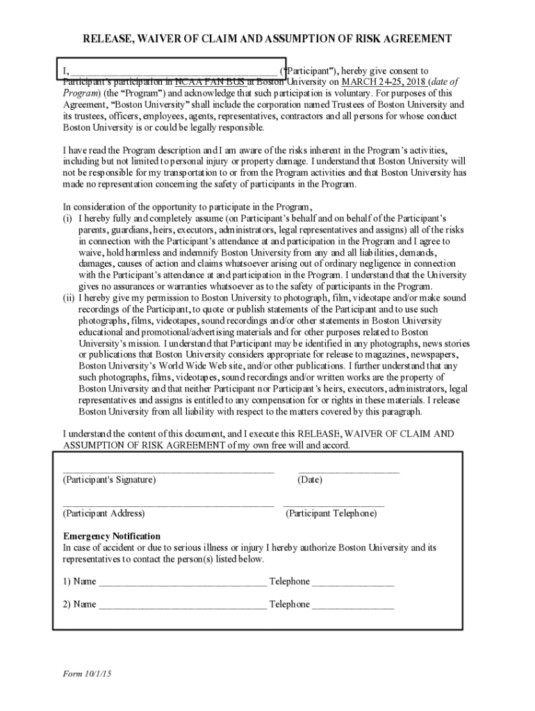 Fillable Online Release, Waiver of Claim and Assumption of Risk ...