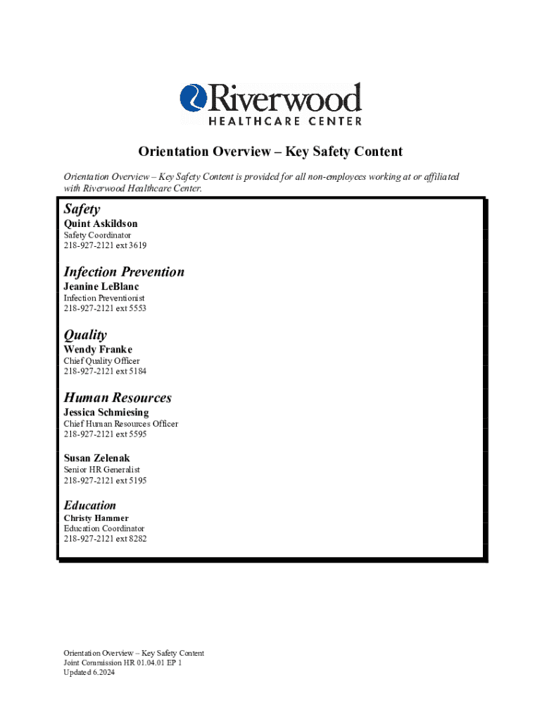 Fillable Online Orientation Overview Key Safety Content Fax Email Print ...