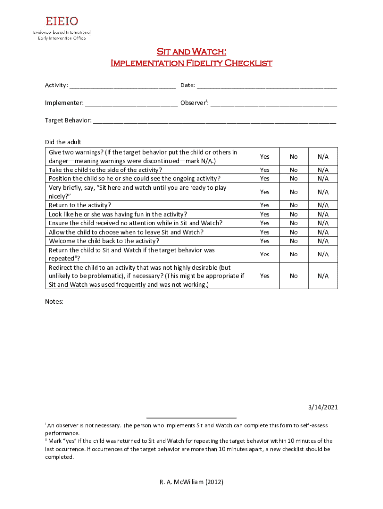 Fillable Online Sit and Watch: Implementation Fidelity Checklist Fax ...