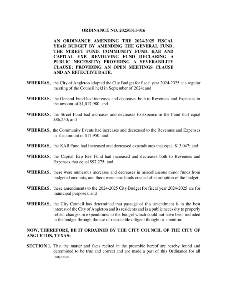 Fillable Online an Ordinance Amending the 2024-2025 Fiscal Year Budget Fax Email Print - pdfFiller