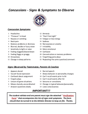 Fillable Online Concussions - Signs & Symptoms to Observe Fax Email ...