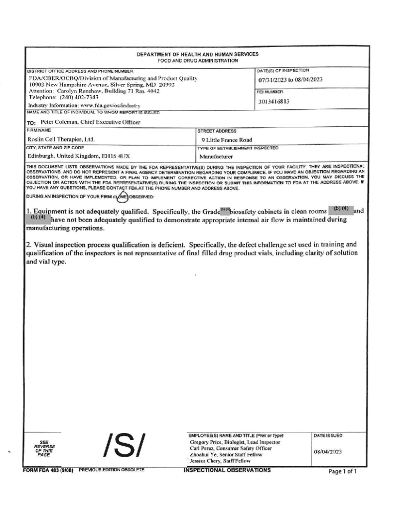Fillable Online Inspectional Observations Fax Email Print - pdfFiller