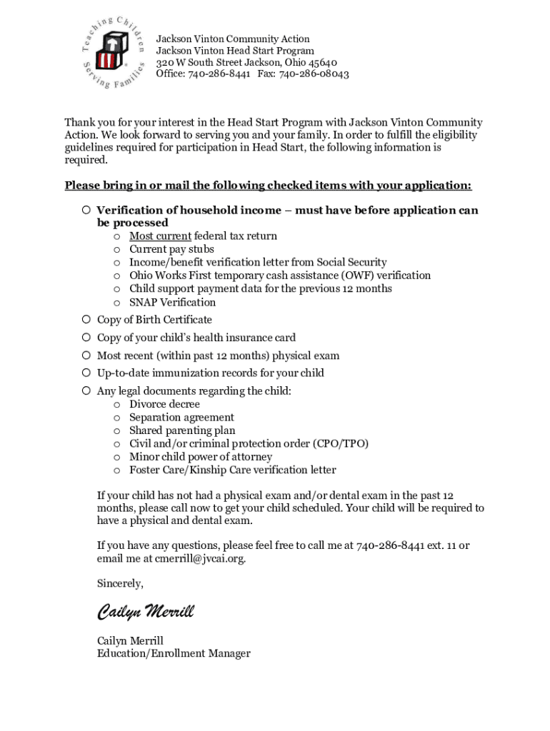 Fillable Online Jackson Vinton Head Start Program Enrollment ...