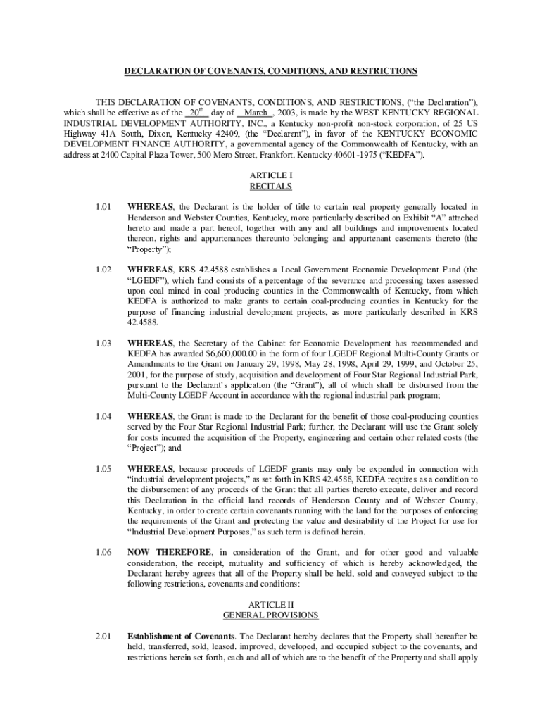 Fillable Online Declaration of Covenants, Conditions, and Restrictions for Industrial ...
