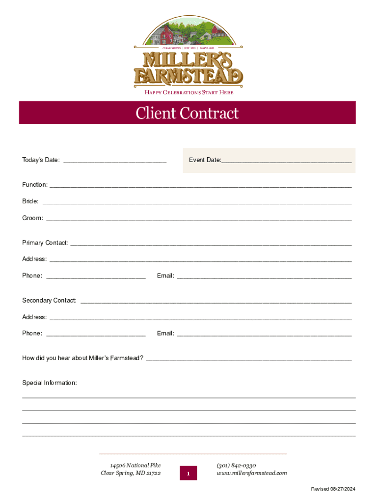 Fillable Online Client Contract for Miller's Farmstead Fax Email Print ...