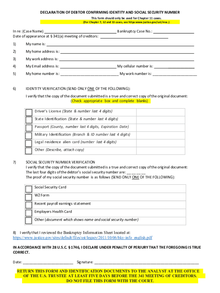 Fillable Online Declaration of Debtor for Chapter 11 Cases Fax Email ...