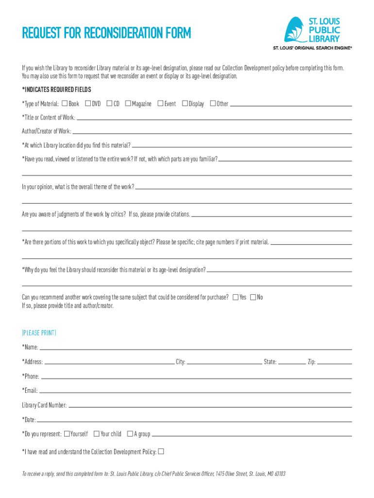 Fillable Online Request for Reconsideration of Library Material Fax Email Print - pdfFiller