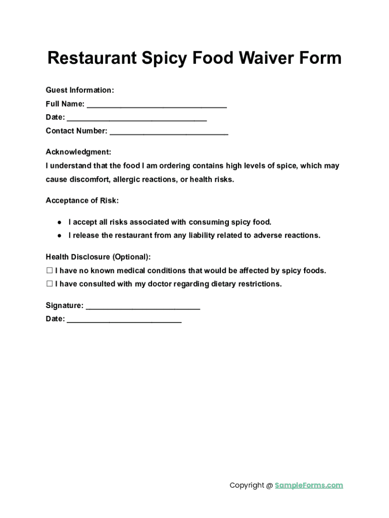 Fillable Online Spicy Food Waiver Fax Email Print - pdfFiller